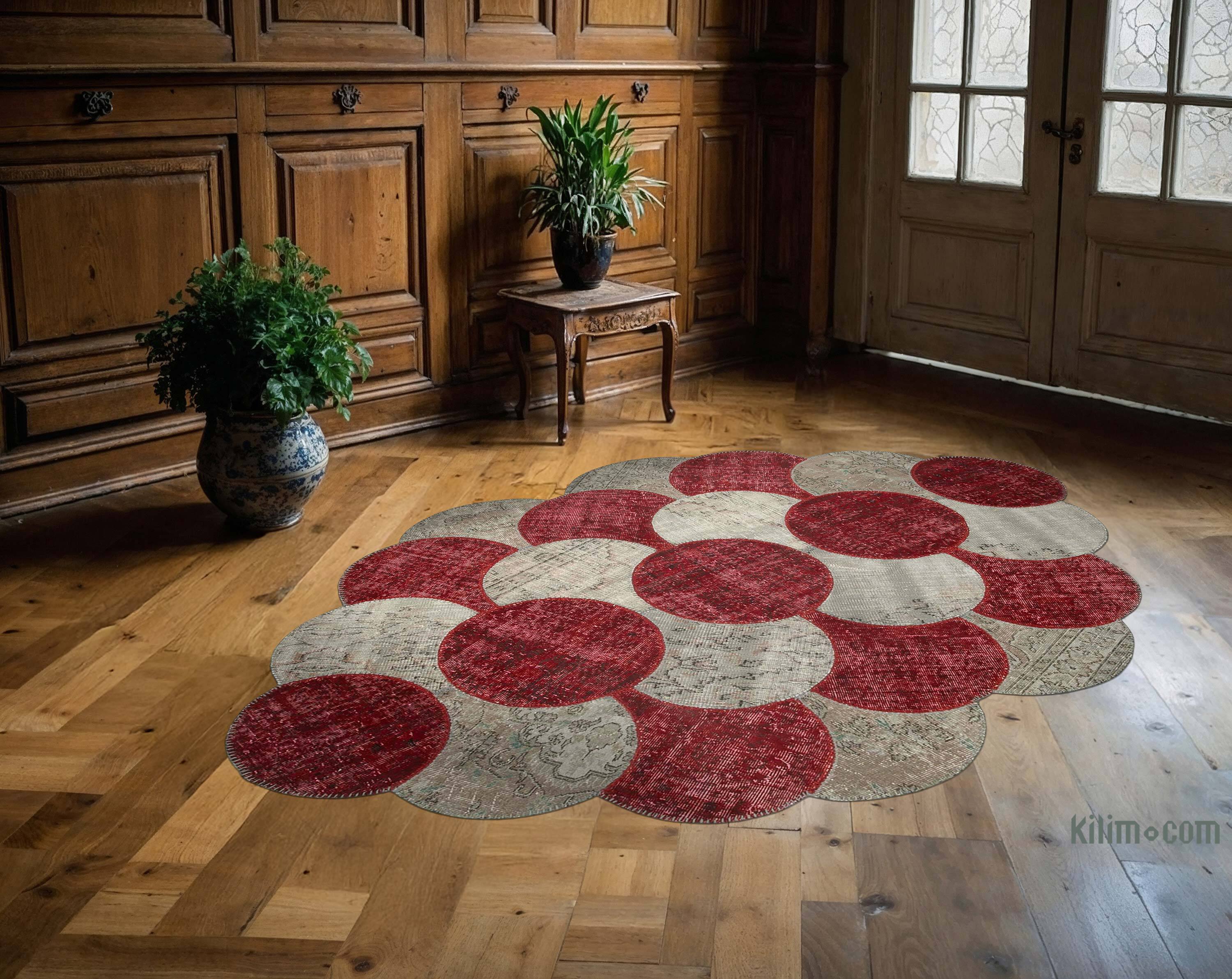 K0039442 Multicolor Round Patchwork Hand-Knotted Turkish Rug - 5' 7" x ...